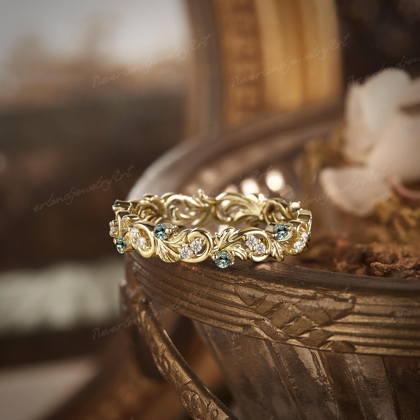 Vintage Green Sapphire Wedding Band Filigree Wedding Rings for Women ...