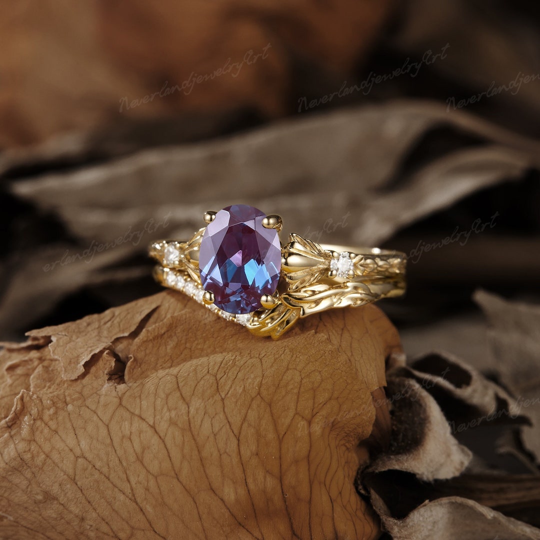 Vintage Alexandrite Leaf Engagement Ring Set Leaf Engraving Wedding ...
