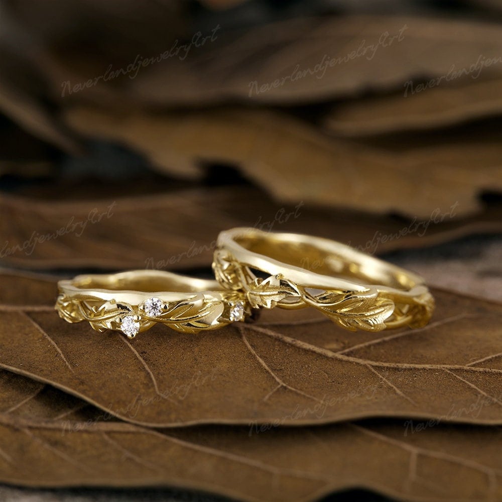 Couple Rings Set Leaf Engraving Diamond Wedding Rings Men Leaf Engagement Ring Handmade Moissanite Gold Wedding Ring Set for Men and Women
