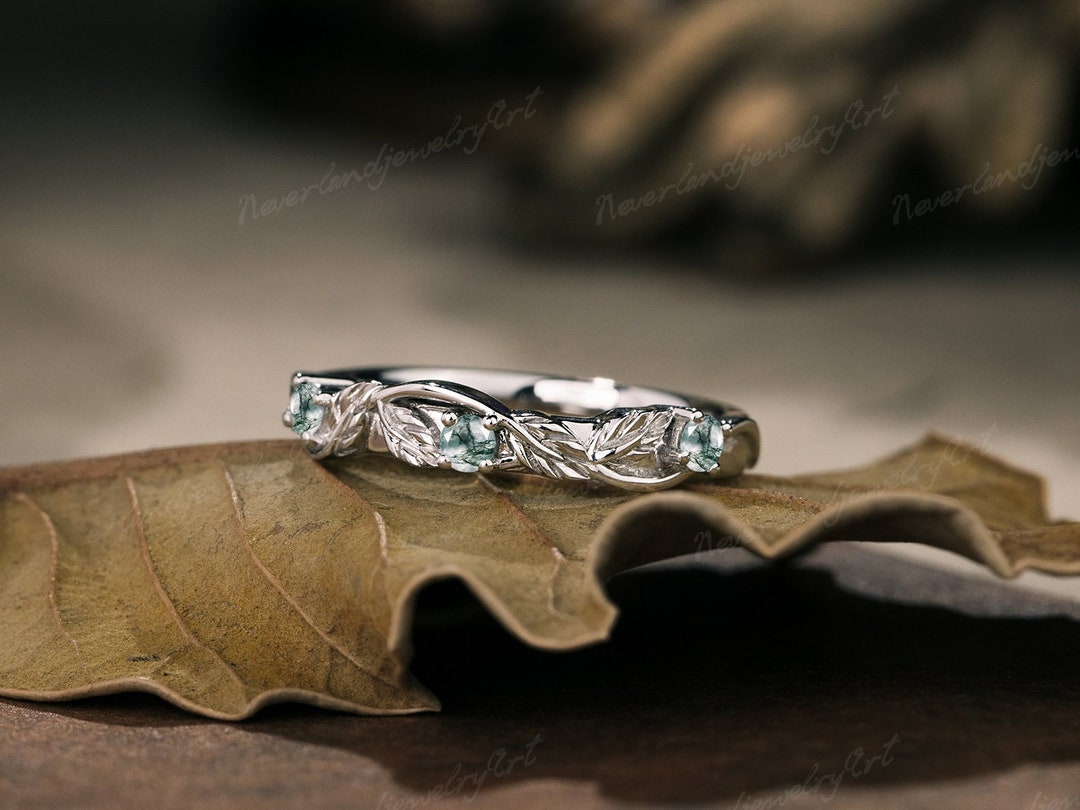 Vintage Moss Agate Wedding Band Nature Inspired Leaf Floral Engraved ...