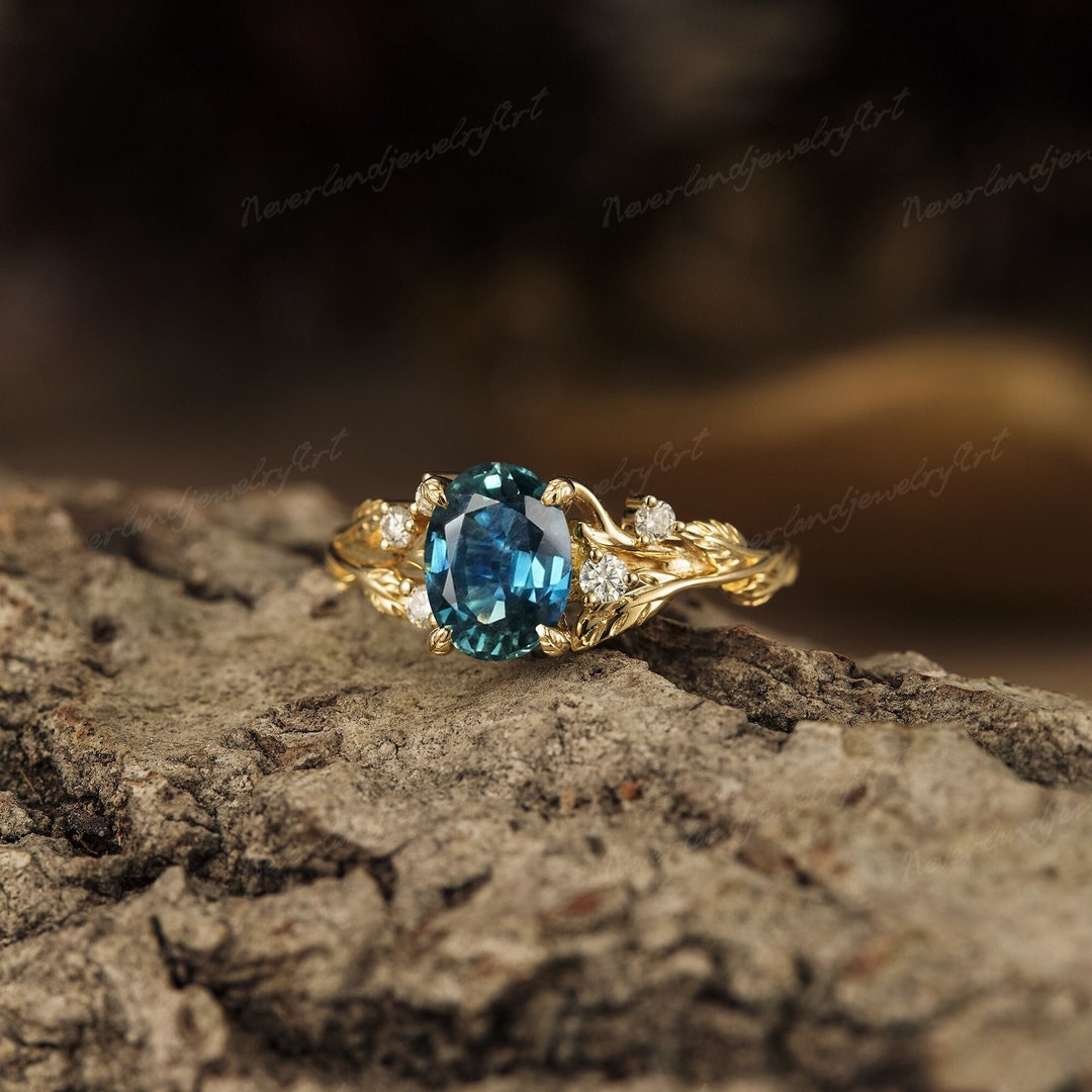 Vintage Teal Sapphire Engagement Ring Nature Inspired Leaf Engraving ...