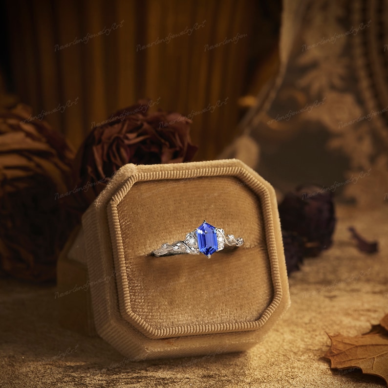 Elongated Hexagon Cut Blue Sapphire Engagement Ring Nature Inspired ...
