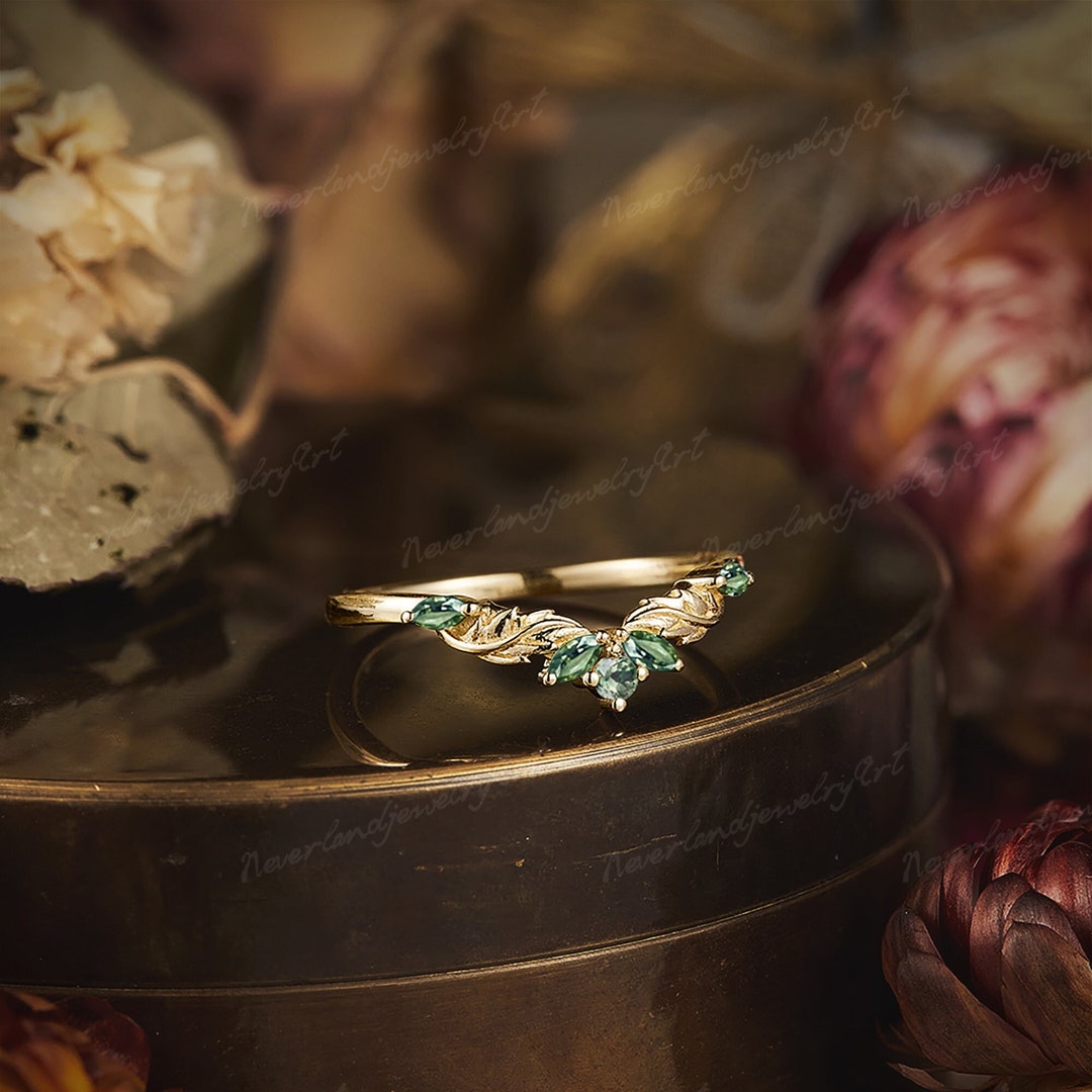Green Sapphire Wedding Band Marquise Shaped Sapphire Leaf Ring Nature Inspired Gold Handmade ...