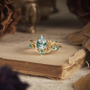 Unique Green Sapphire Engagement Ring Set Nature Inspired Leaf Floral ...