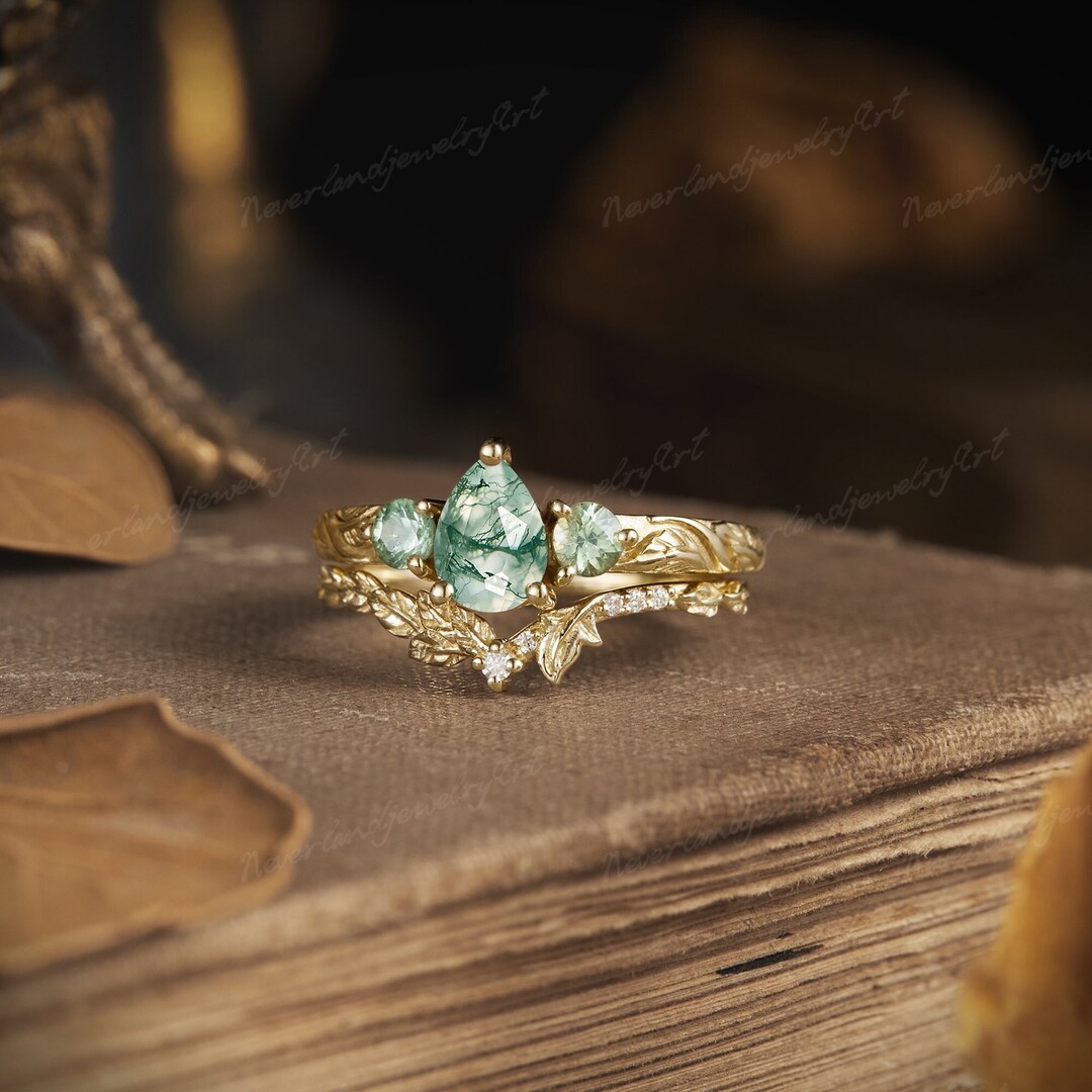 Vintage Moss Agate Engagement Ring Set Green Sapphire Cluster Wedding ...