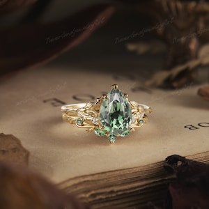 Unique Green Sapphire Engagement Ring Set Gold Rings Nature Inspired ...