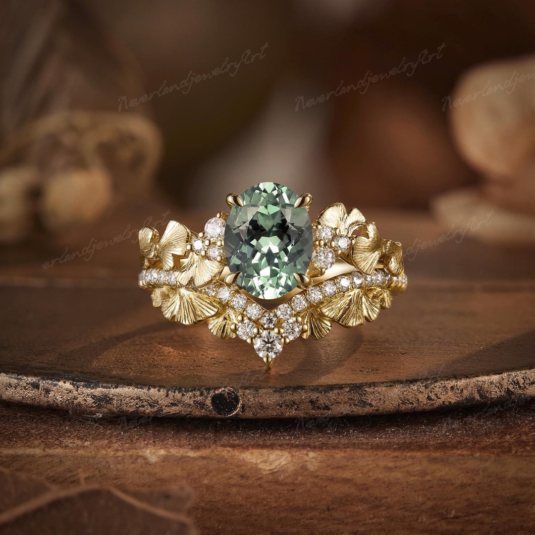 Oval Shaped Green Sapphire Engagement Ring Set Yellow Gold Leaf Ring ...