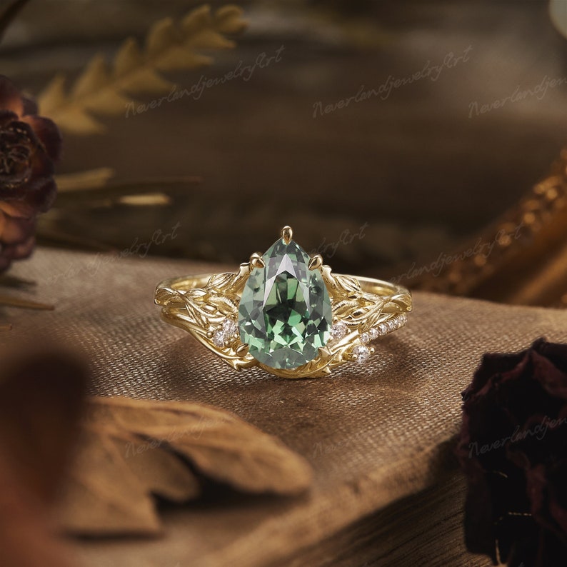 Vintage Pear Green Sapphire Engagement Ring Set Yellow Gold Leaf Ring ...