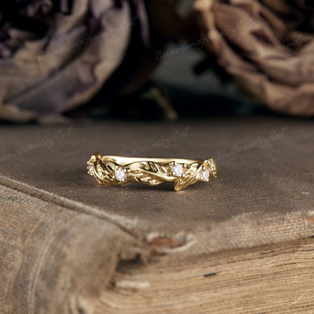 Unique Leaf Engraving Wedding Ring Inspired Nature Diamond Leaf Gold ...