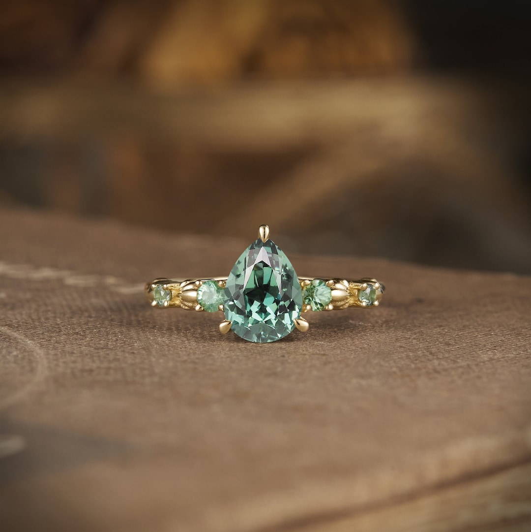 Vintage Green Sapphire Engagement Ring Sapphire Cluster Wedding Ring ...