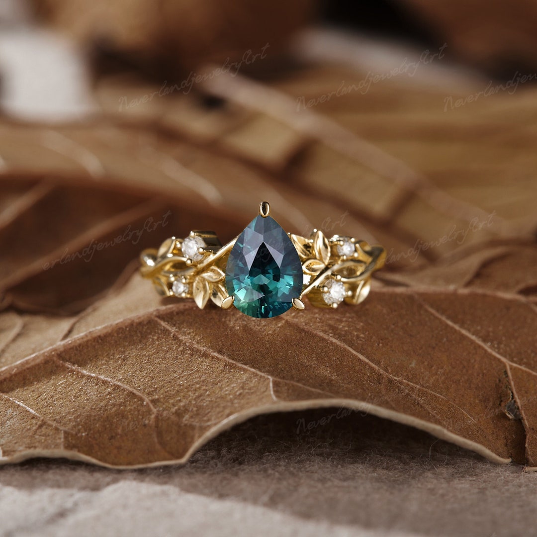 Vintage Teal Sapphire Engagement Ring Nature Inspired Leaf Wedding Ring ...