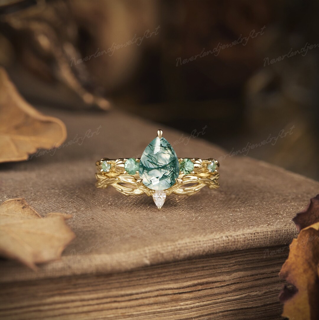 Moss Agate Engagement Ring Set Leaf Handmade Wedding Ring Set - Etsy