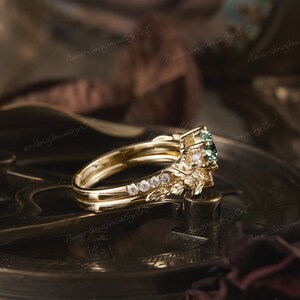 Unique Green Sapphire Engagement Ring Set Round Shaped Yellow Gold Leaf ...