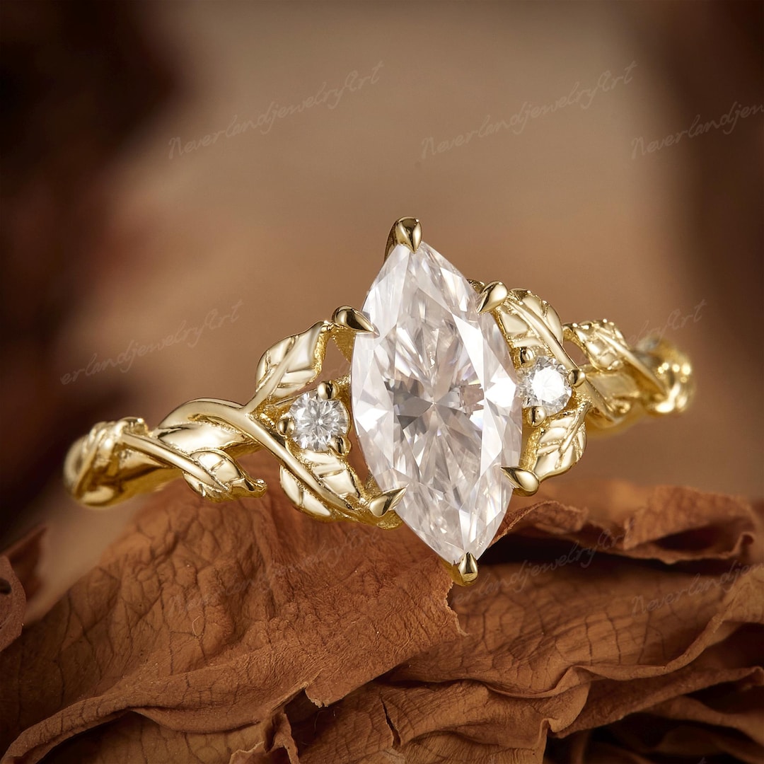 Unique Diamond Marquise Cut Engagement Ring Yellow Gold Leaf Engraved Nature Inspired Wedding ...