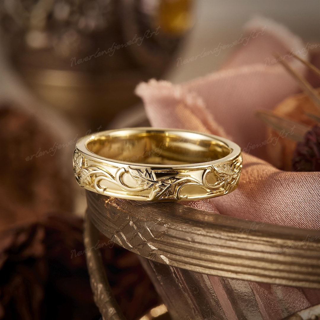 Nature Inspired Grape Leaves Mens Wedding Band Unique Yellow Gold Mens ...