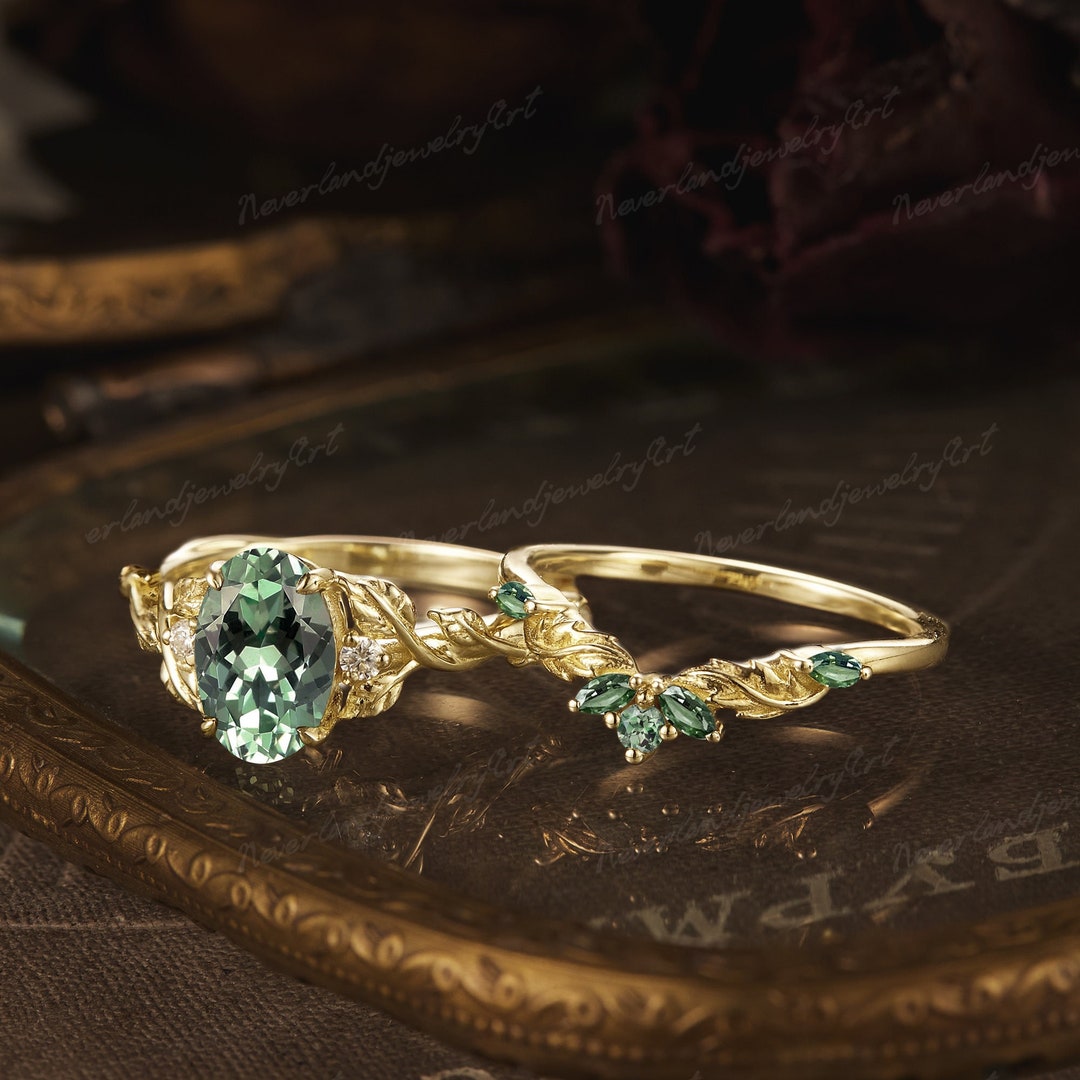 Unique Oval Green Sapphire Engagement Ring Set Yellow Gold Leaf Ring ...