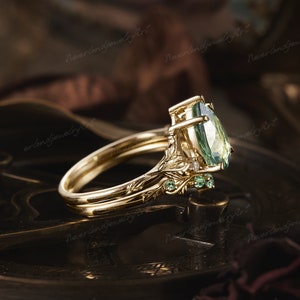 Unique Green Sapphire Engagement Ring Set Gold Rings Nature Inspired ...
