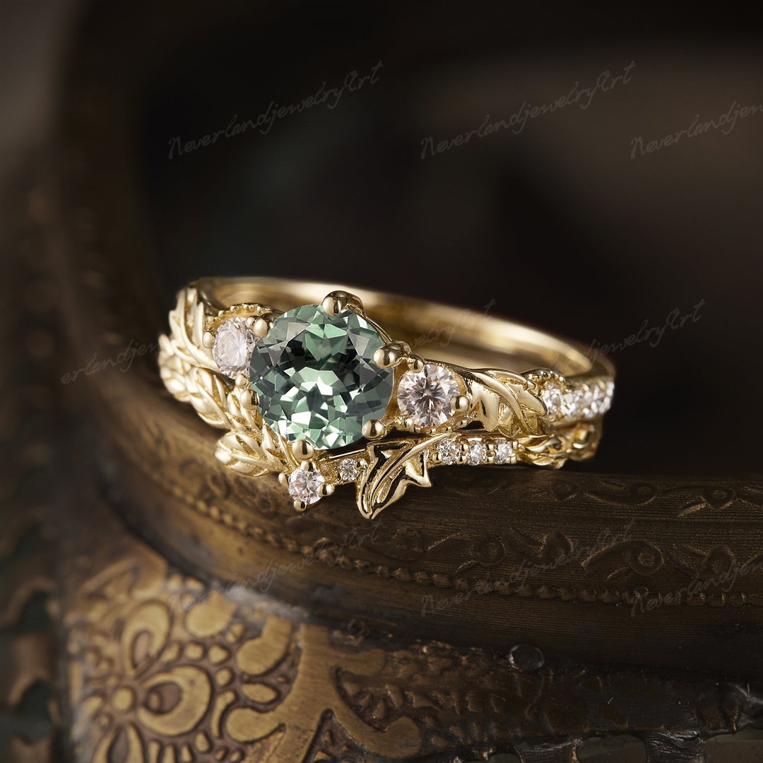 Unique Green Sapphire Engagement Ring Set Round Shaped Yellow Gold Leaf ...