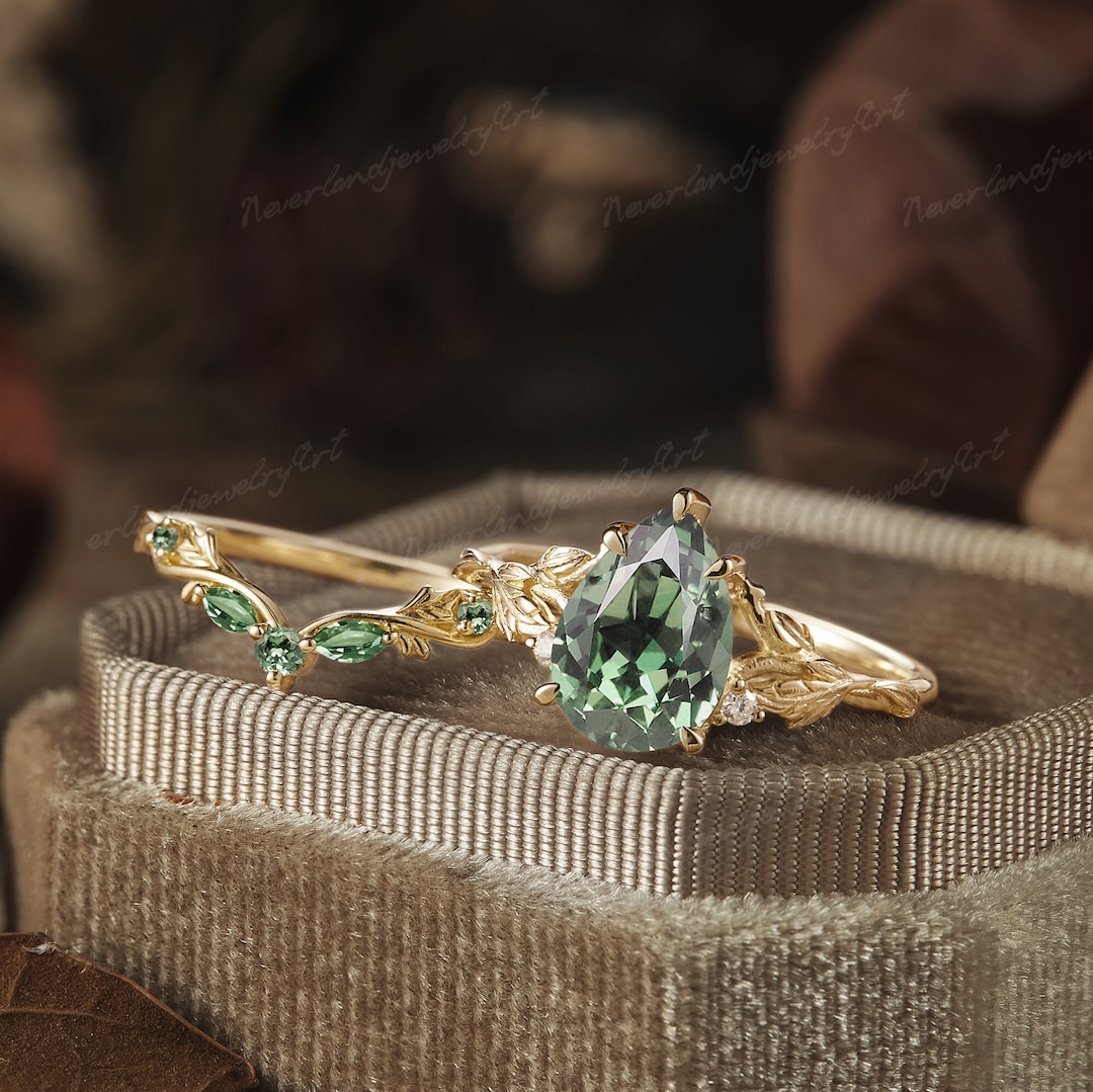 Unique Green Sapphire Engagement Ring Set Gold Rings Nature Inspired ...