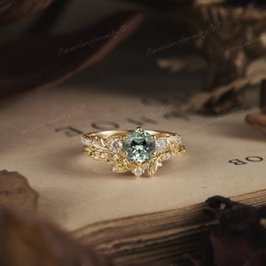 Unique Green Sapphire Engagement Ring Set Round Shaped Yellow Gold Leaf ...