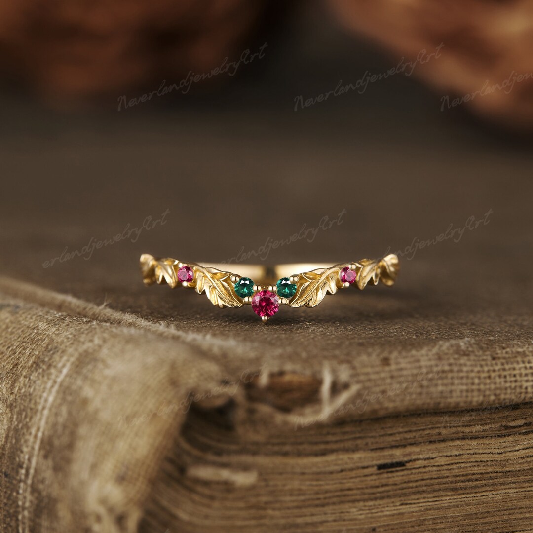 Vintage Natural Emerald Wedding Band Natural Ruby Leaf Curved Wedding Ring Nature Inspired Gold ...