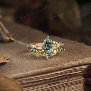 Unique Green Sapphire Engagement Ring Set Nature Inspired Leaf Floral ...