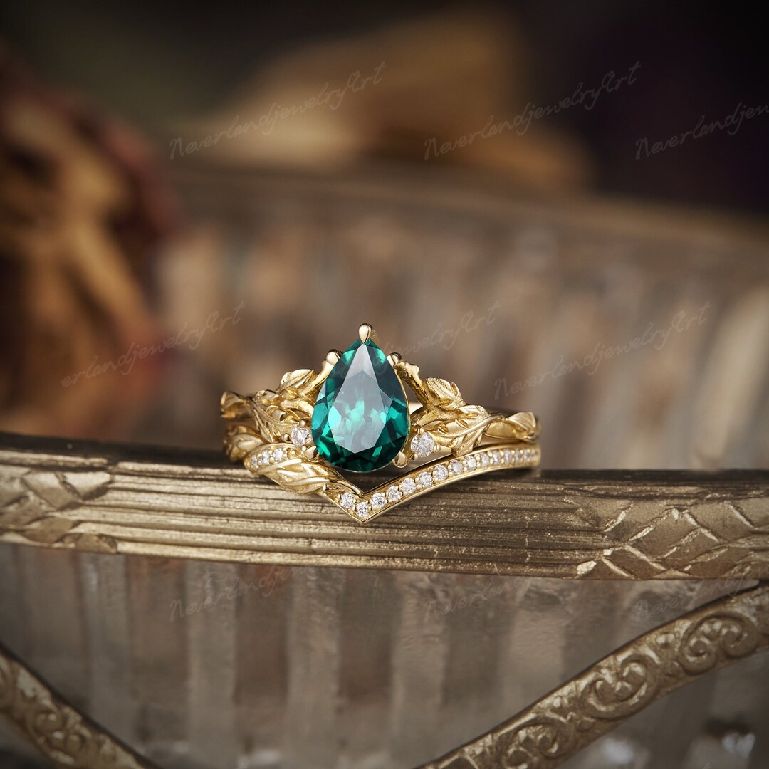 Vintage Emerald Engagement Ring Set Nature Inspired Leaf Floral ...