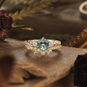 Unique Green Sapphire Engagement Ring Set Round Shaped Yellow Gold Leaf ...