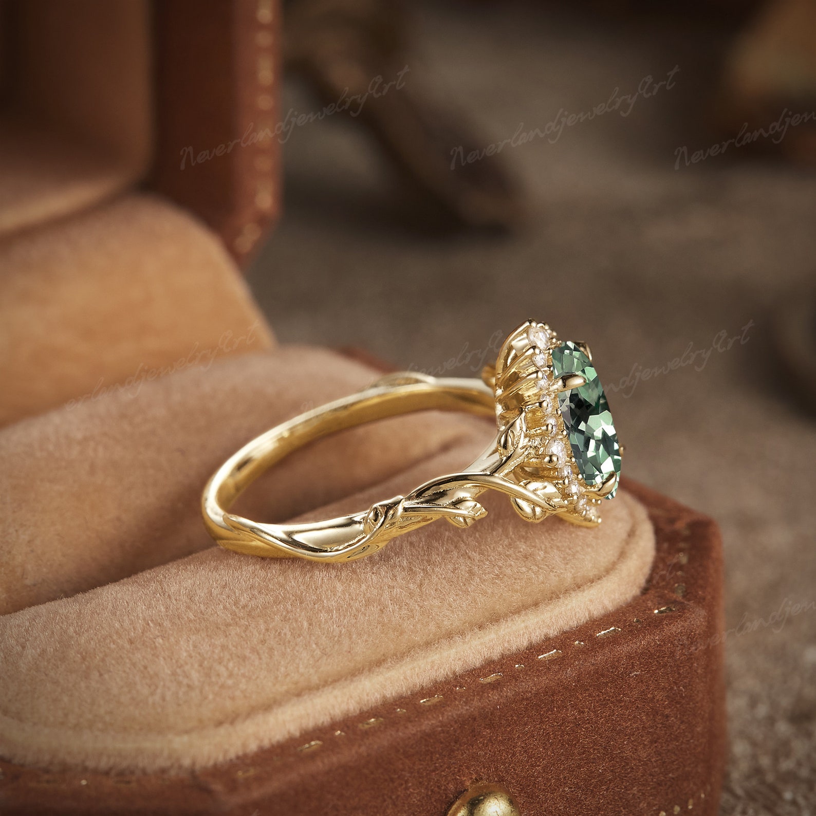 Vintage Oval Shaped Green Sapphire Engagement Ring Nature Inspired Leaf ...