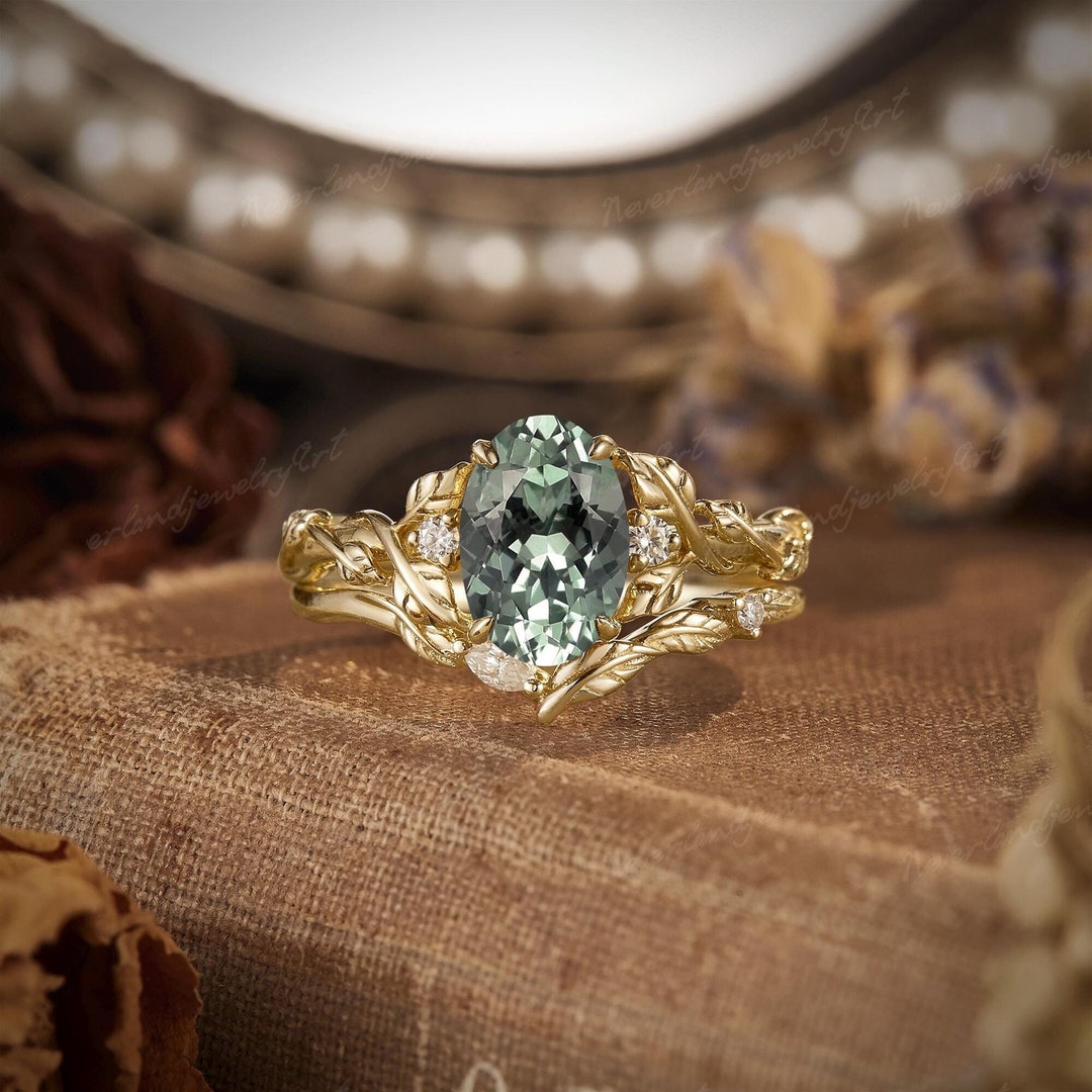 Vintage Oval Green Sapphire Engagement Ring Set Yellow Gold Nature ...