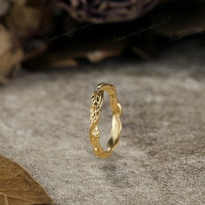 Vintage Gold Leaf Wedding Band Solid Gold Leaf Stacking Ring Nature Inspired Ring Vintage ...