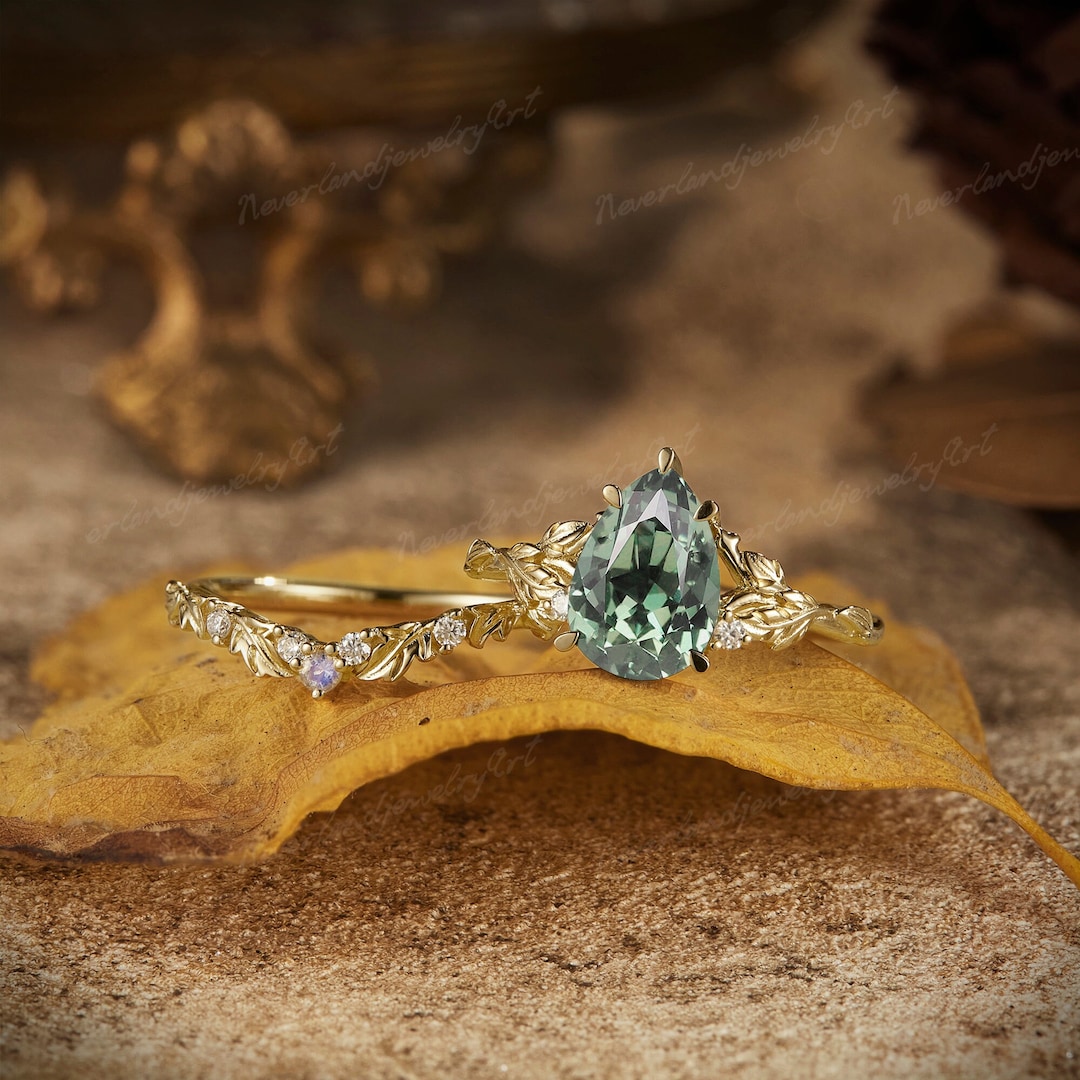 Vintage Green Sapphire Engagement Ring Set Nature Inspired Leaf Floral ...