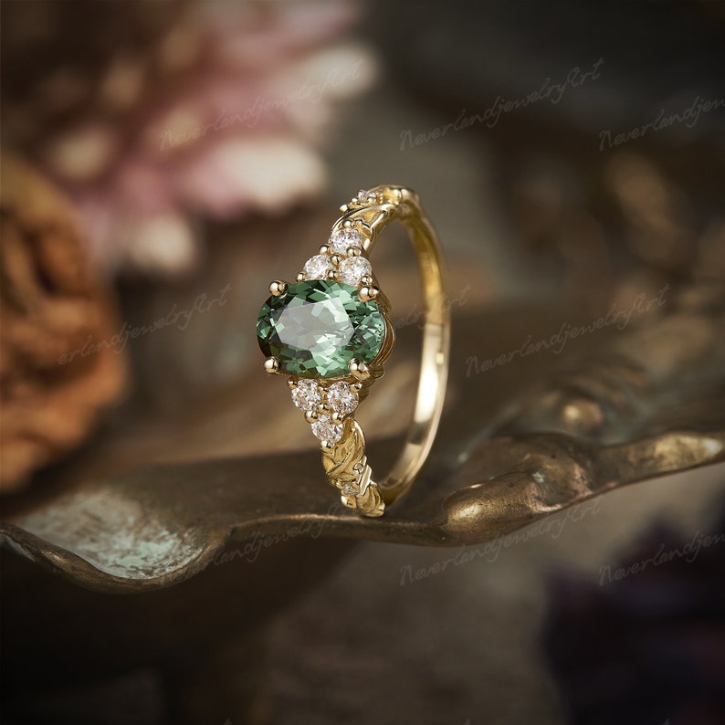 Vintage Green Sapphire Engagement Ring Nature Inspired Leaf Floral Gold ...