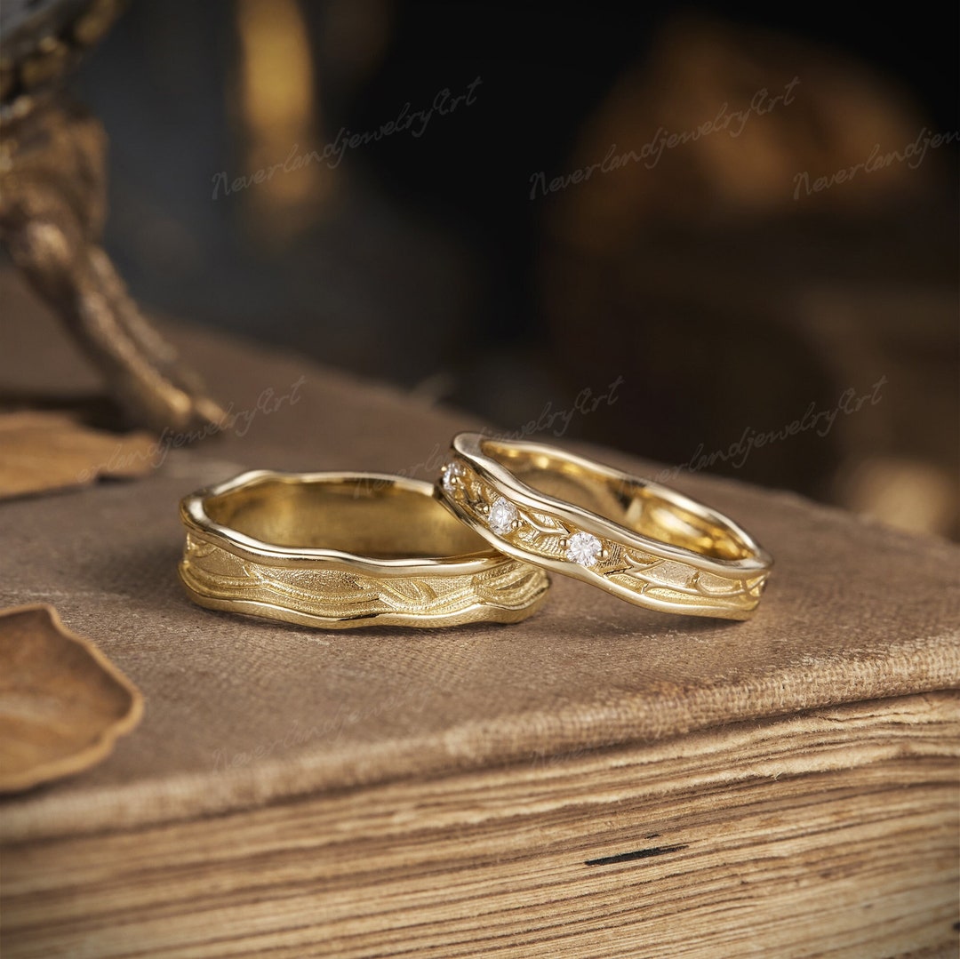 Vintage 2pcs Couple Rings Set Natural Inspired Leaf Handmade Wedding ...