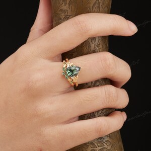 Unique Green Sapphire Engagement Ring Set Gold Rings Nature Inspired ...