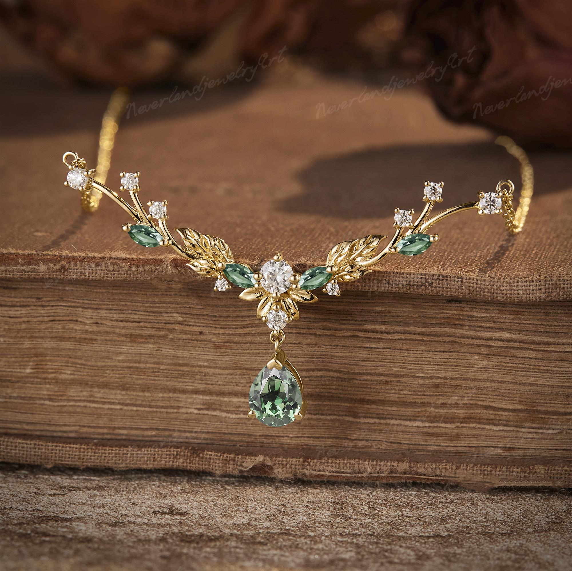 Unique Pear Shaped Green Sapphire Pendant Necklace Yellow Gold Nature ...