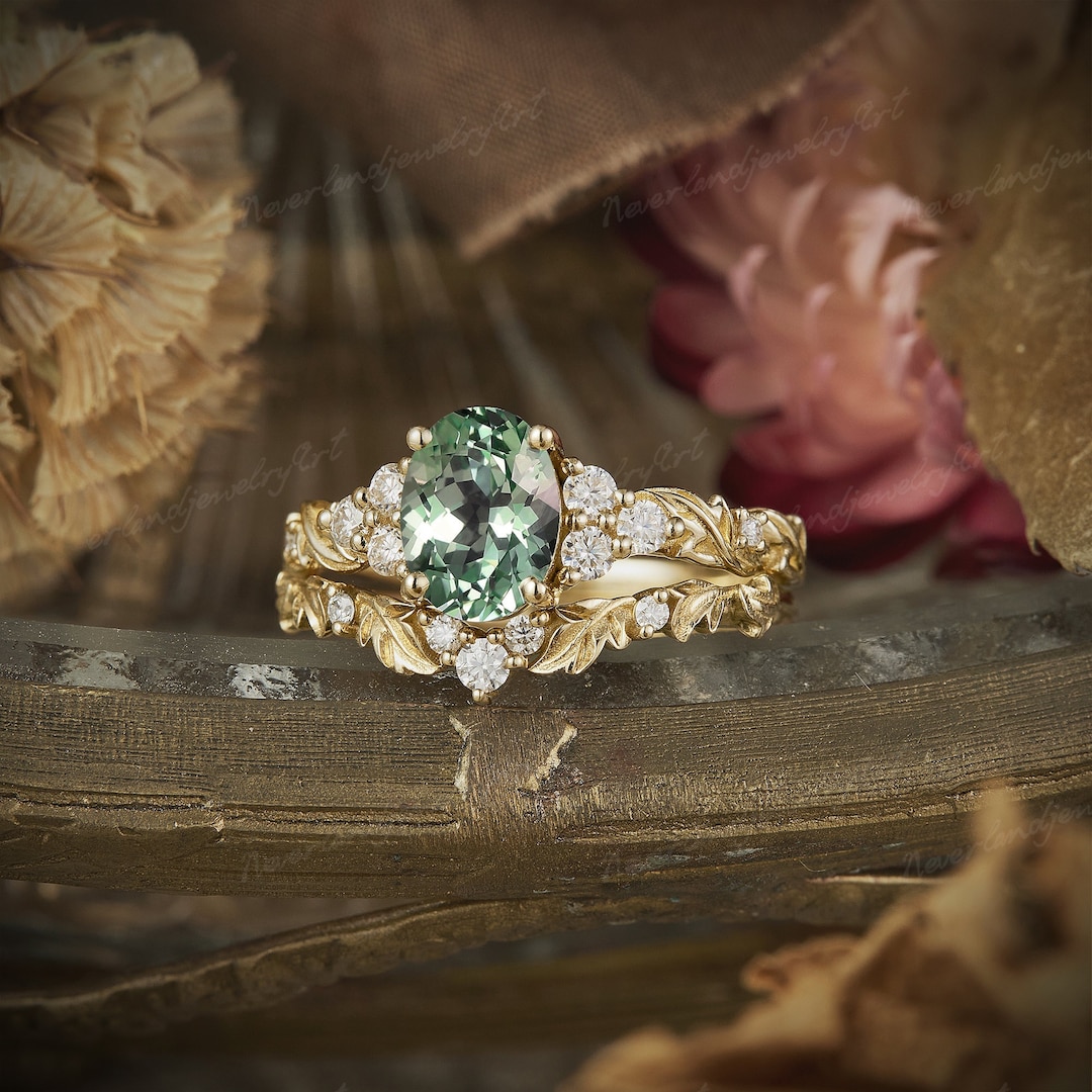Oval Cut Green Sapphire Engagement Ring Set Inspired Leaf Gold Handmade ...