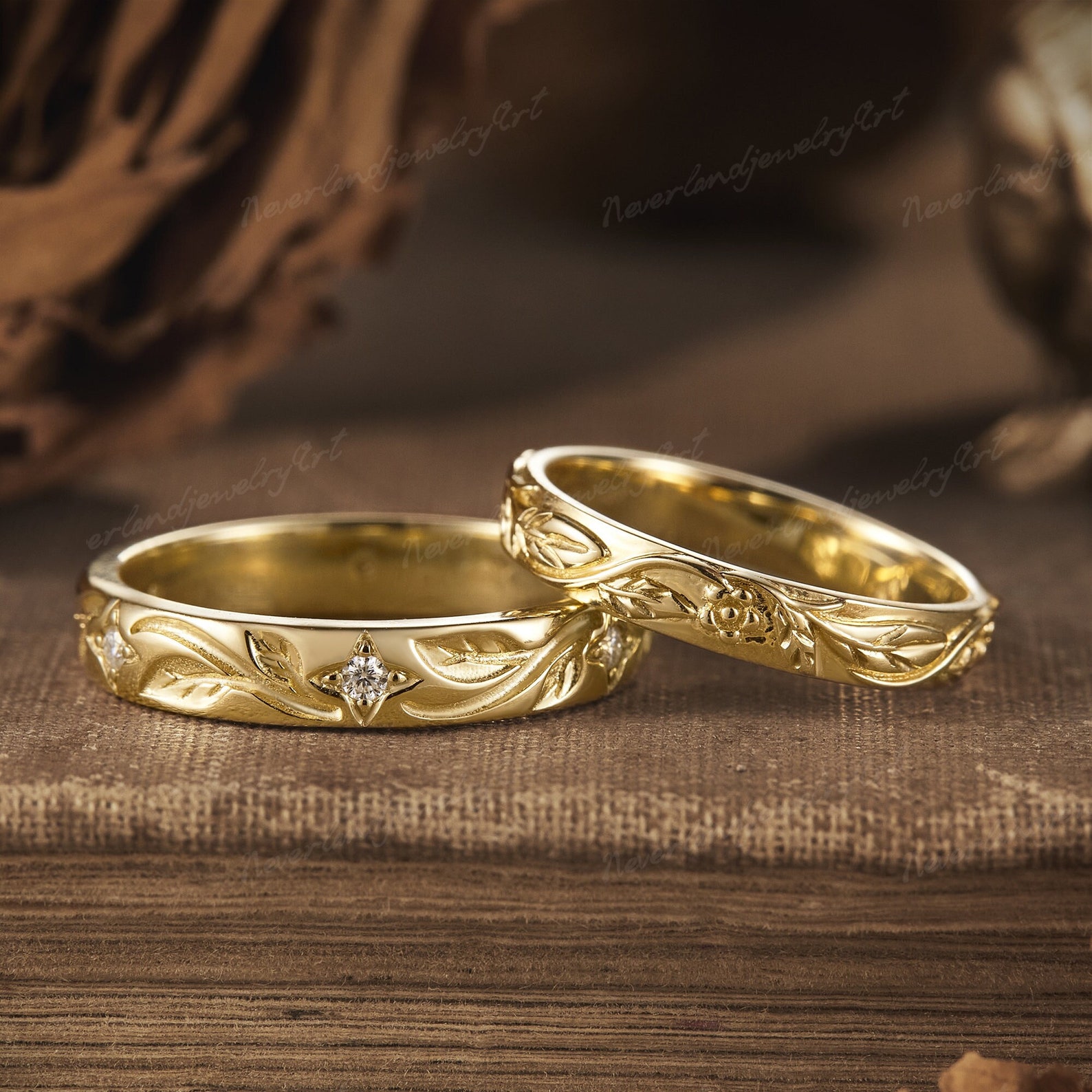 Vintage Yellow Gold Wedding Band Nature Inspired Leaf Wedding Ring for ...