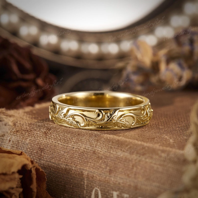 Nature Inspired Grape Leaves Mens Wedding Band Unique Yellow Gold Mens ...