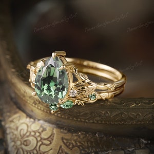 Unique Green Sapphire Engagement Ring Set Gold Rings Nature Inspired ...