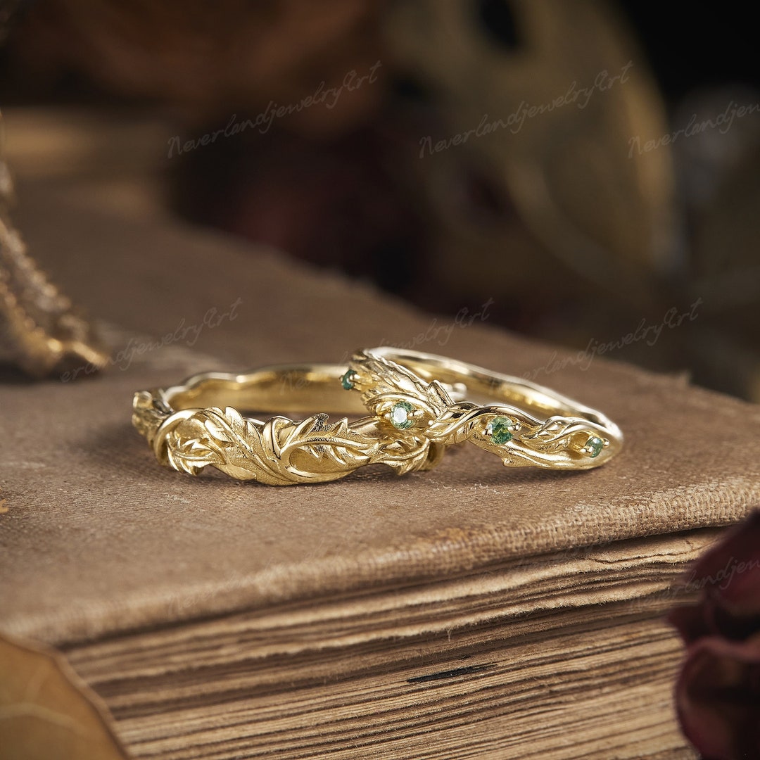 Couple Rings Set Nature Inspired Leaf Floral Wedding Ring Men ...