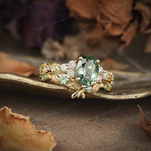 Vintage Green Sapphire Engagement Ring Set Nature Inspired Leaf ...