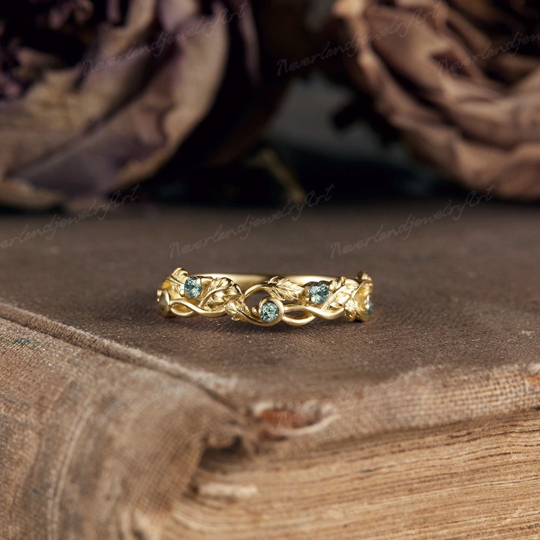 Vintage Green Sapphire Wedding Ring Nature Inspired Leaf Engraving Gold ...