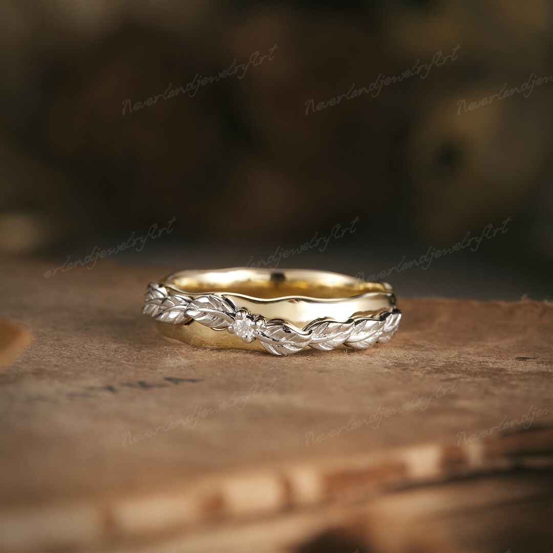 Vintage Leaf Mens Engagement Ring Art Deco Two Tone Gold Wedding Ring ...