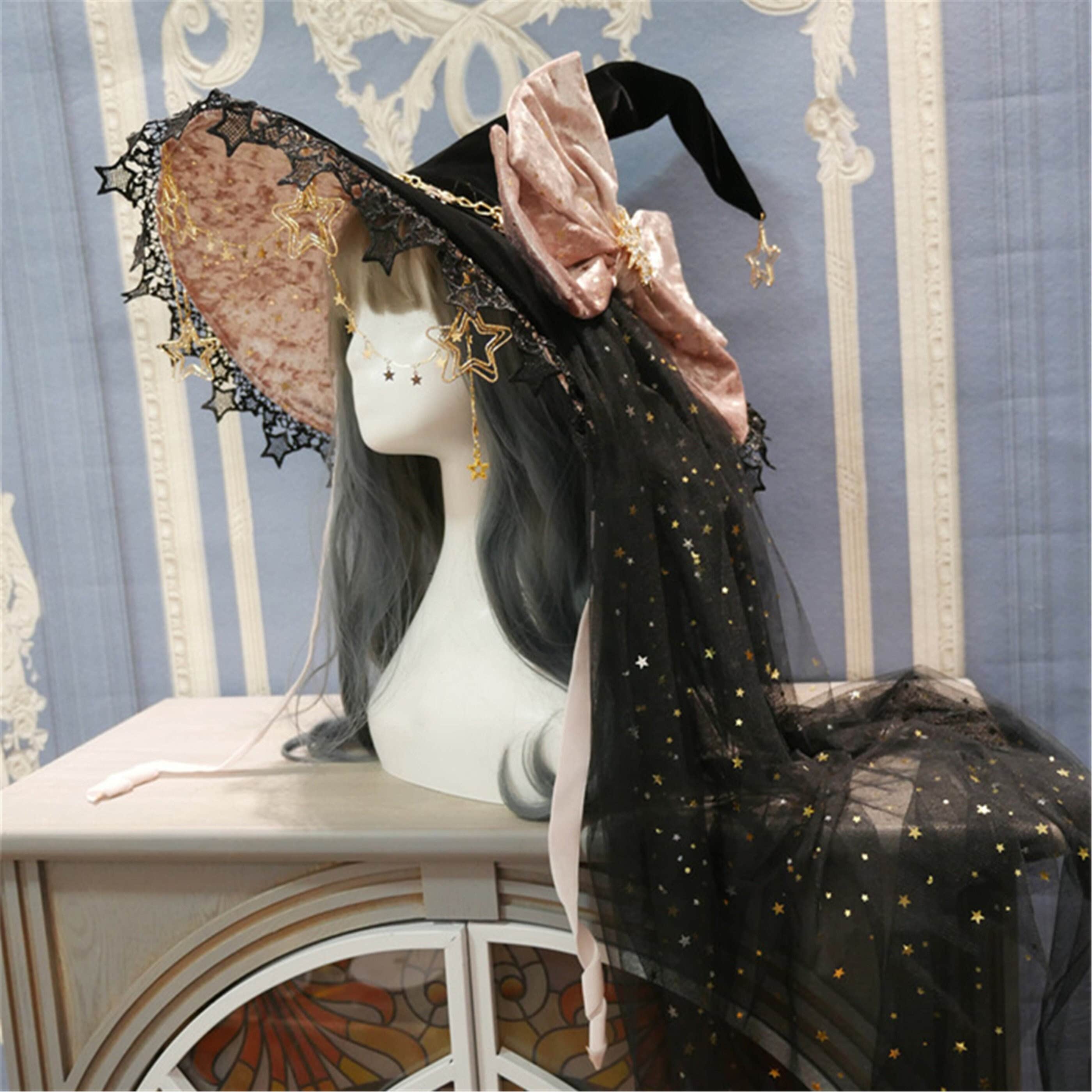 Pink Magic Velvet Starry Witch Hat.bow Gothic Hat.wizard - Etsy