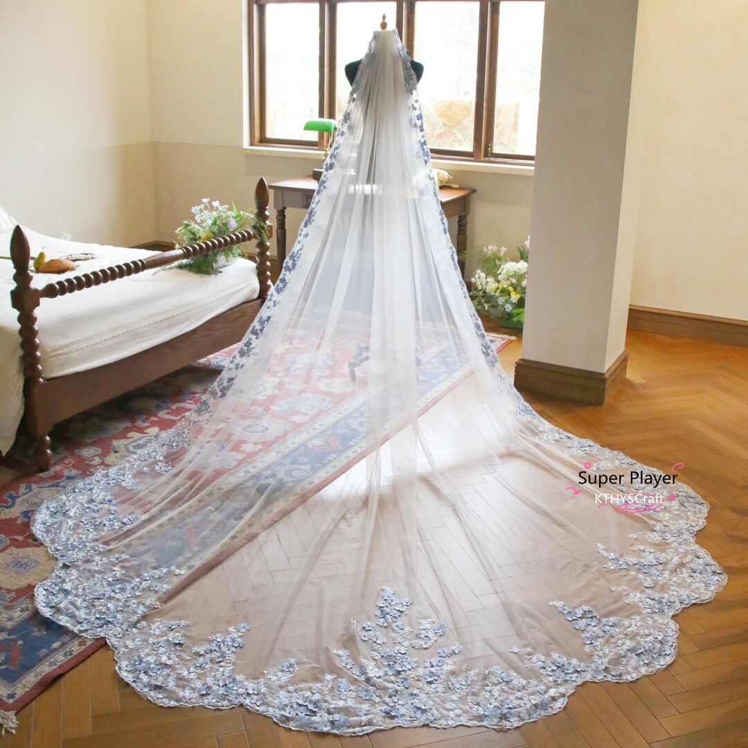 Cathedral Pearls Blue Flower Lace Trim Scallop Veil,beaded Blue Floral ...