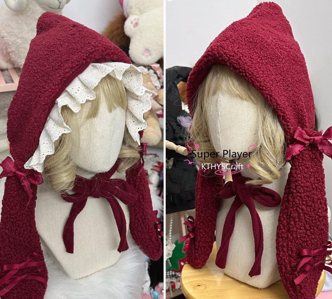 Warm Red Bunny Ears Winter Cute Plush Hat.cute Bunny Ear Hat With Lace ...