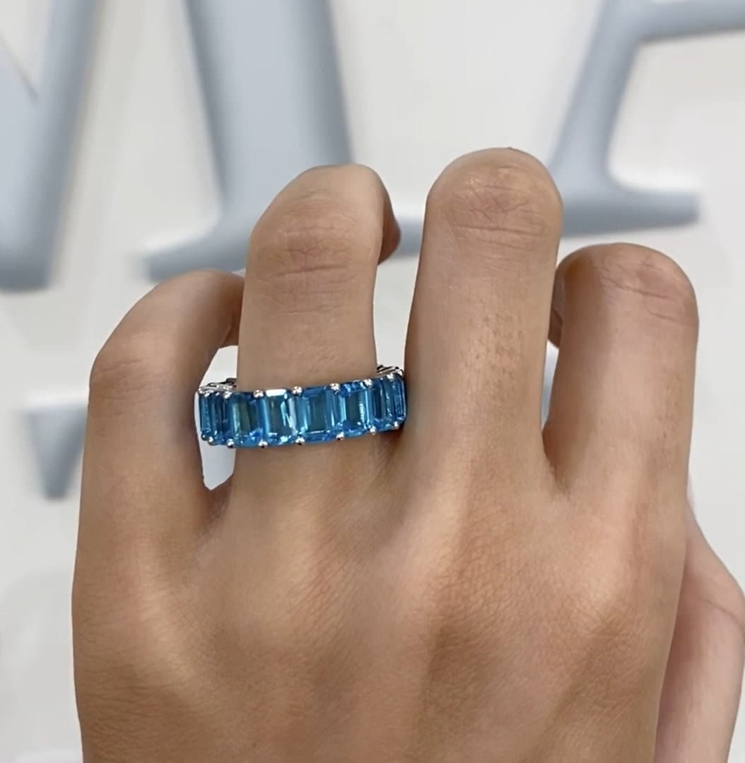 Emerald Cut 6x4 Blue Topaz Eternity Band Ring / Minimal Fine - Etsy