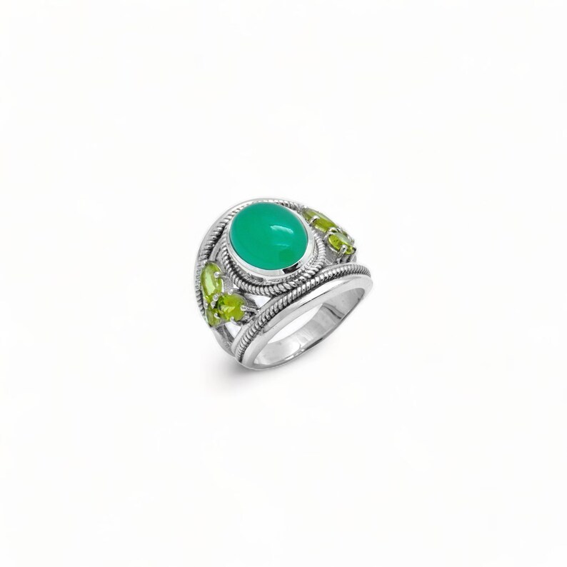 Anillo de ónix verde: joyería llamativa de plata de ley y peridoto ...