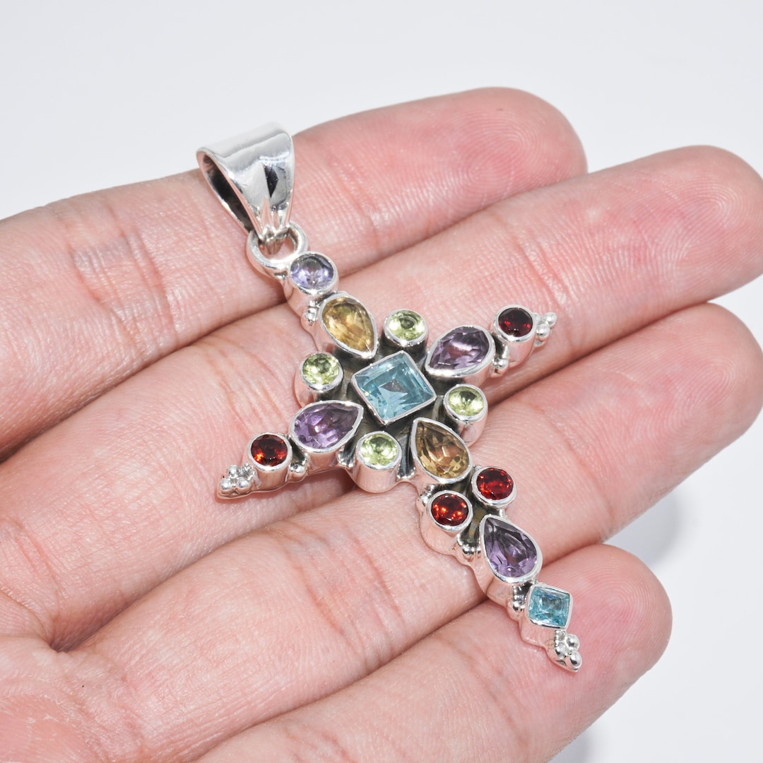 Multi-gemstone Cross Pendant: 925 Sterling Silver Spiritual Charm - Etsy